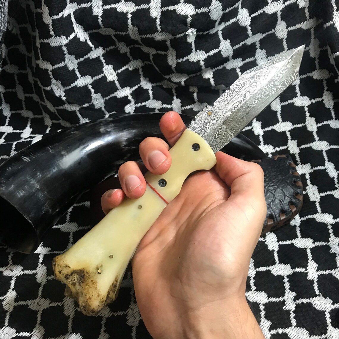 Custom Caveman Damascus Folding Knife Femur Bone Handle | Etsy