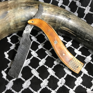 Custom Made Damascus Straight Razor With Carved Bone Handle & Burn ...