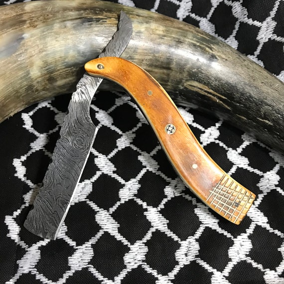 Custom Made Damascus Straight Razor With Carved Bone Handle & | Etsy