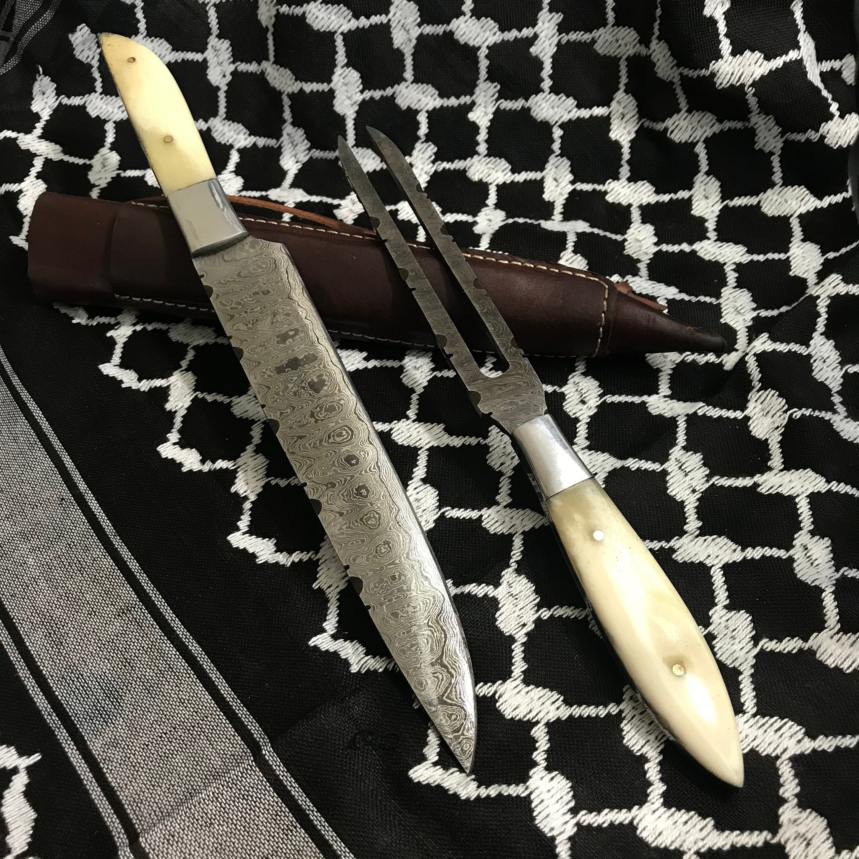 Custom Made Damascus Chef Knife & Meat Poker With Bone Handle - Etsy