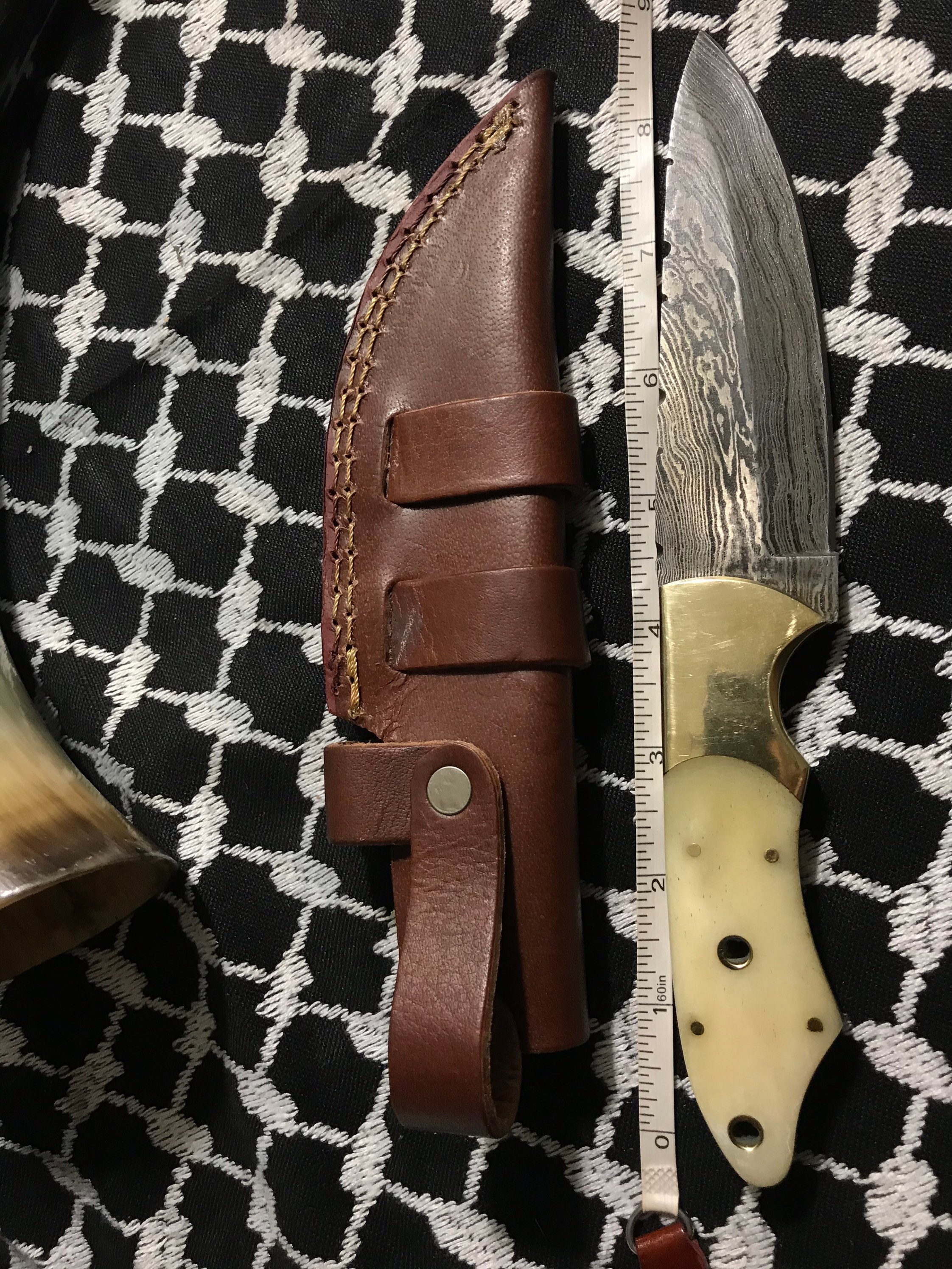 Custom Made Damascus Knife With Bone Handle + Cross Draw Leather Case ...