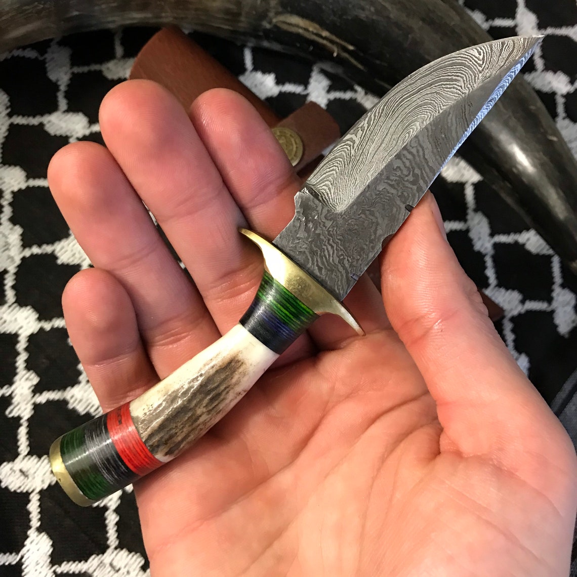Custom Made 6 Inch Damascus Knife With Stag Antler Handle | Etsy