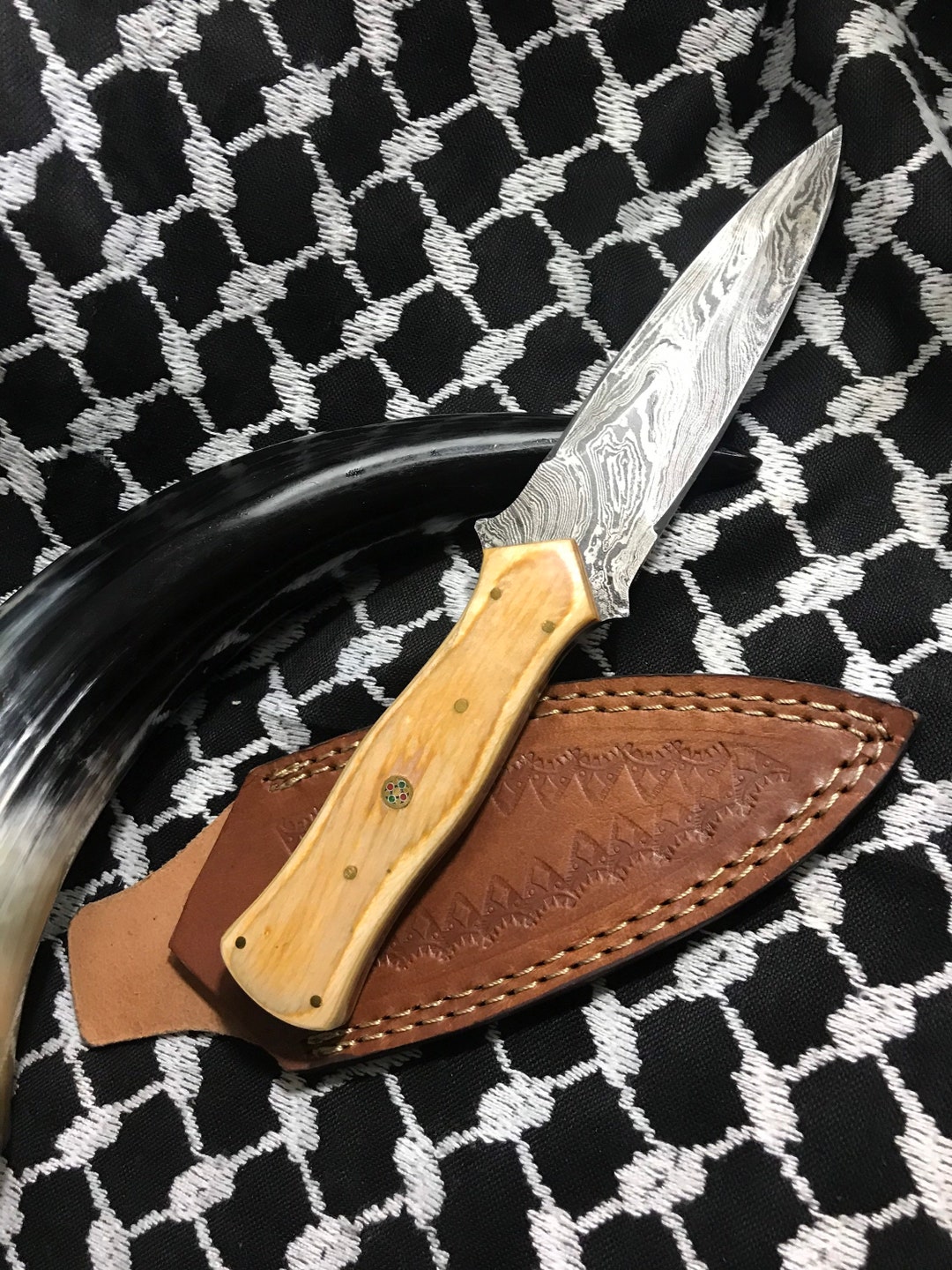 9 Inch Custom Made Damascus Boot Knife With a Wood Handle + Leather Case Damascus Knife Damascus ...