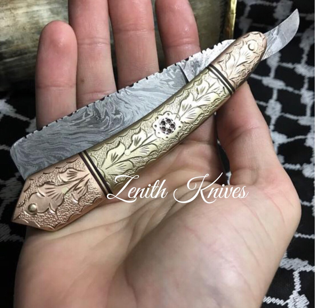 Custom Made Damascus Straight Razor With Carved Brass Handle | Etsy