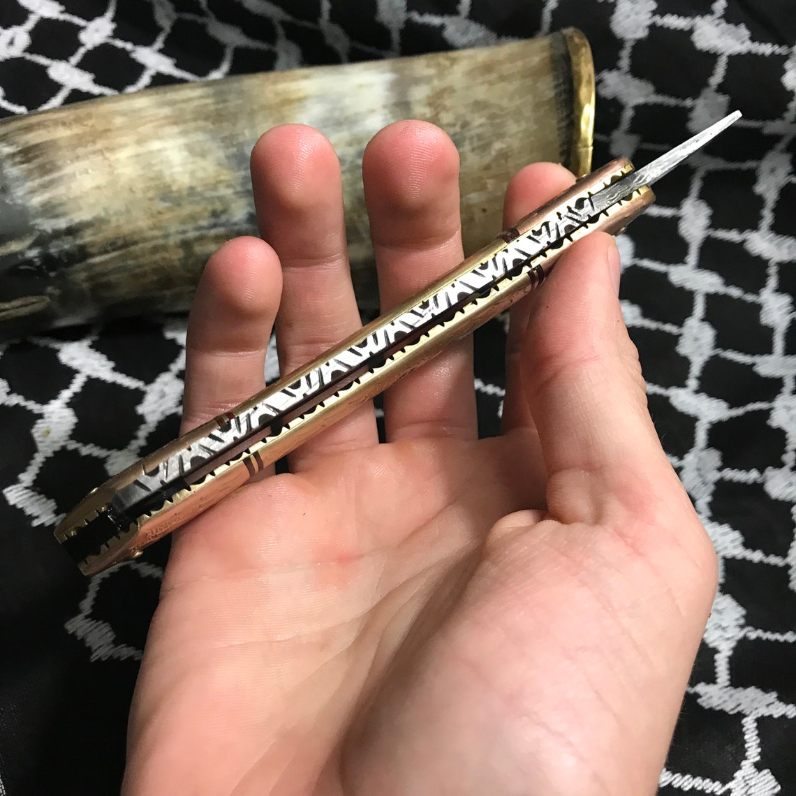 Custom Made Damascus Straight Razor With Carved Brass Handle | Etsy