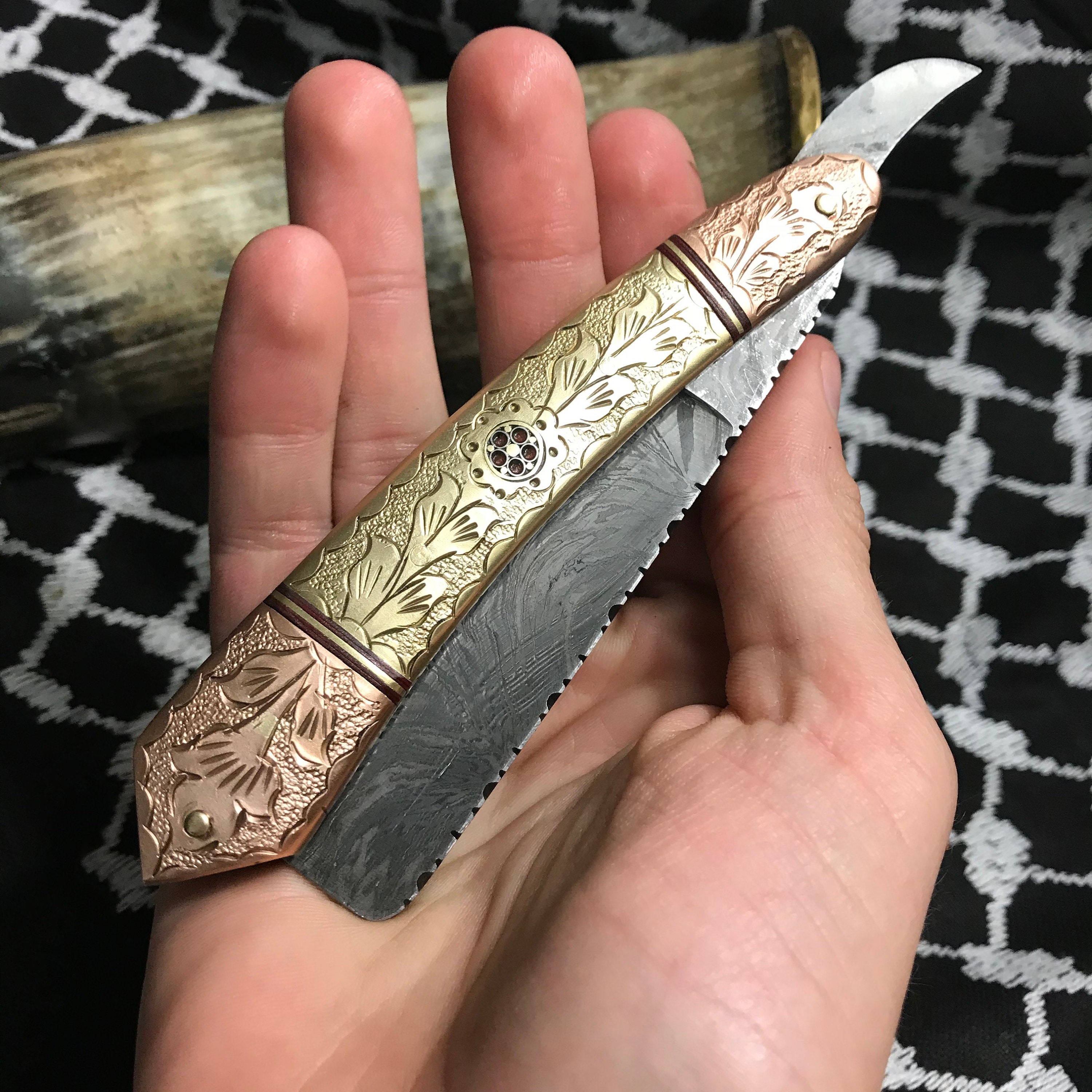 Custom Made Damascus Straight Razor With Carved Brass Handle | Etsy