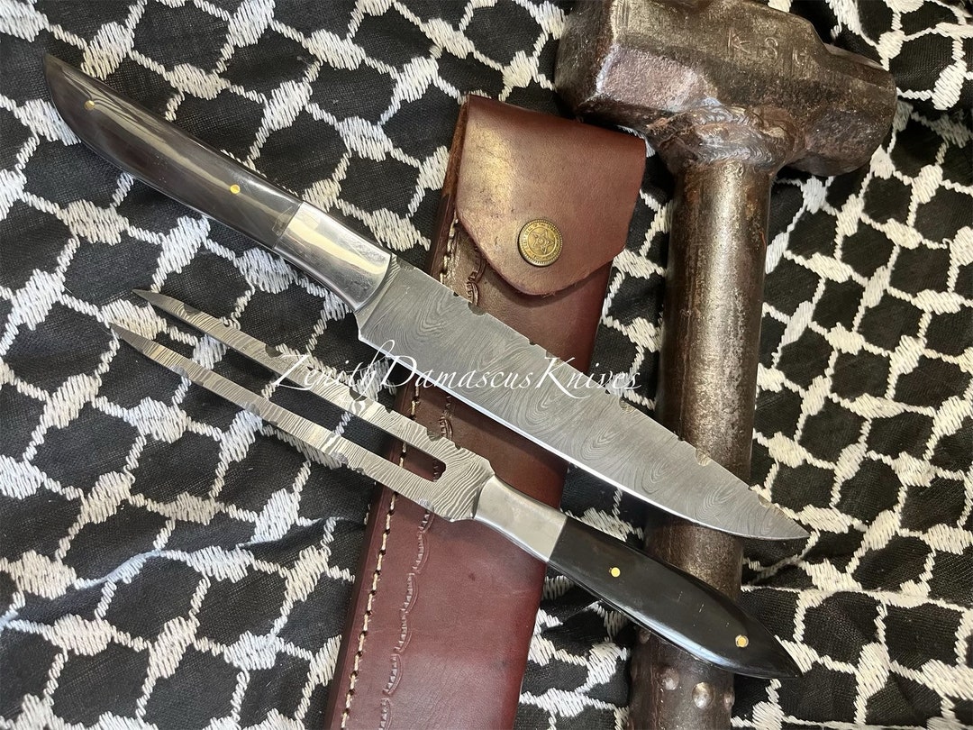 Custom Made Damascus Chef Knife & Meat Poker With Bull Horn Handle ...