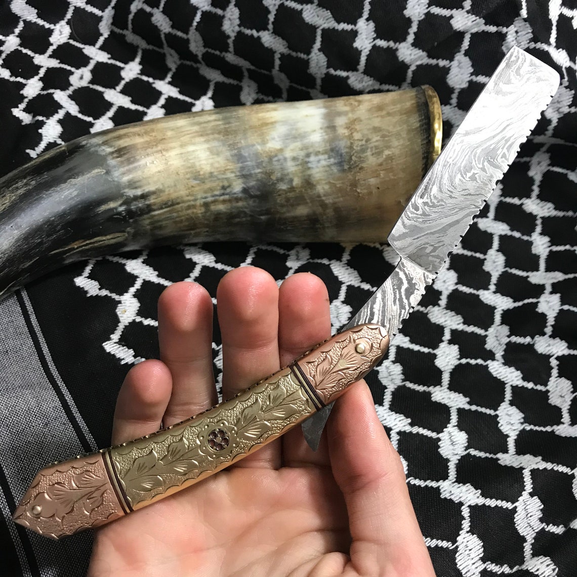 Custom Made Damascus Straight Razor With Carved Brass Handle | Etsy