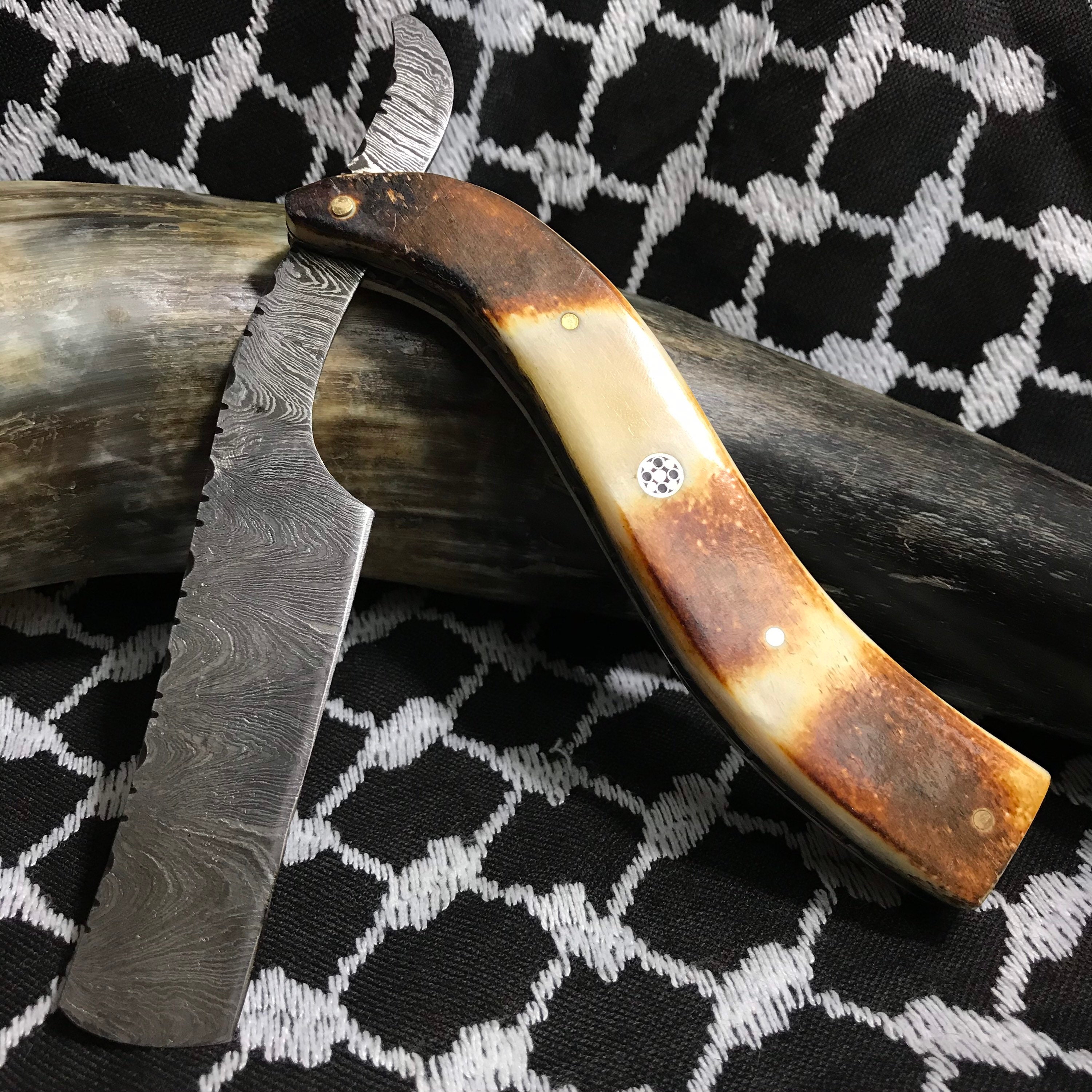 Custom Made Damascus Straight Razor With Bone Handle With Burn | Etsy