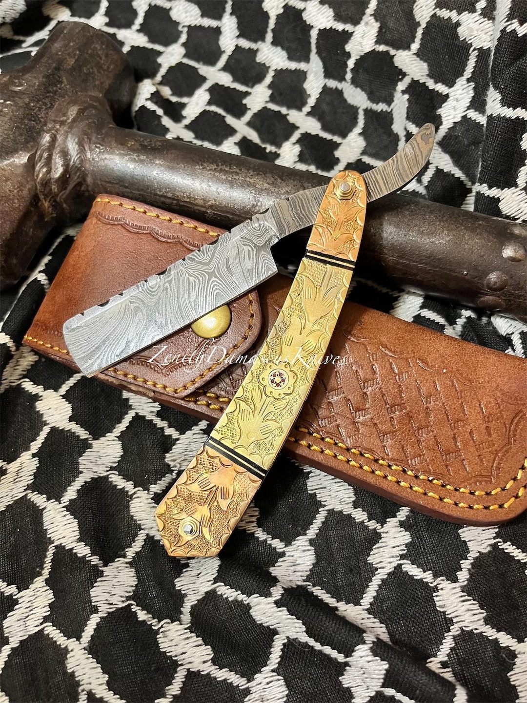 Custom Made Damascus Straight Razor With Carved Brass Handle, Damascus ...