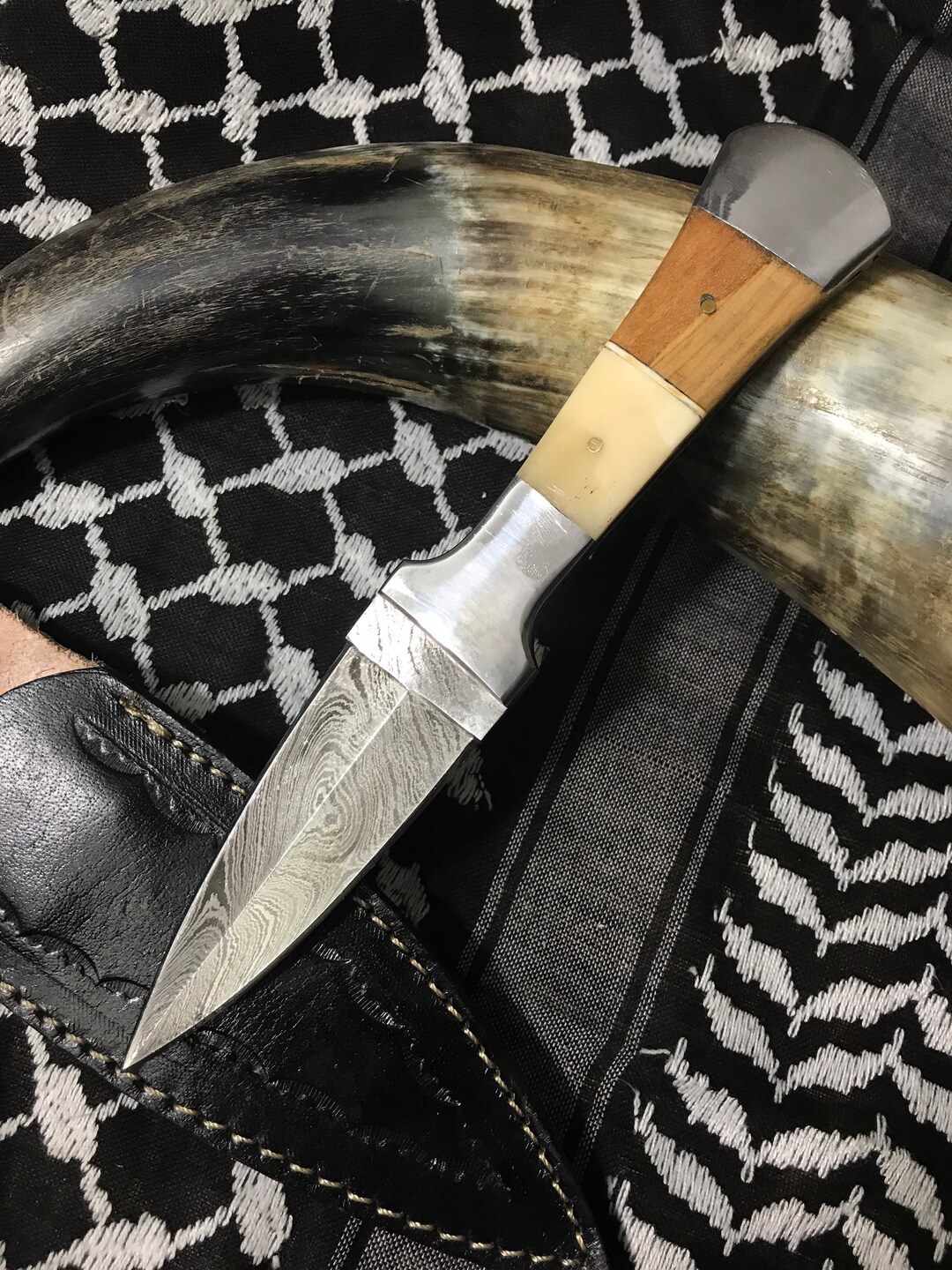 Custom Made Damascus Boot Knife With Olive Wood & Bone Handle + Leather ...