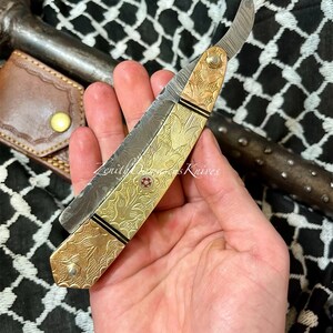 Custom Made Damascus Straight Razor With Carved Brass Handle, Damascus ...