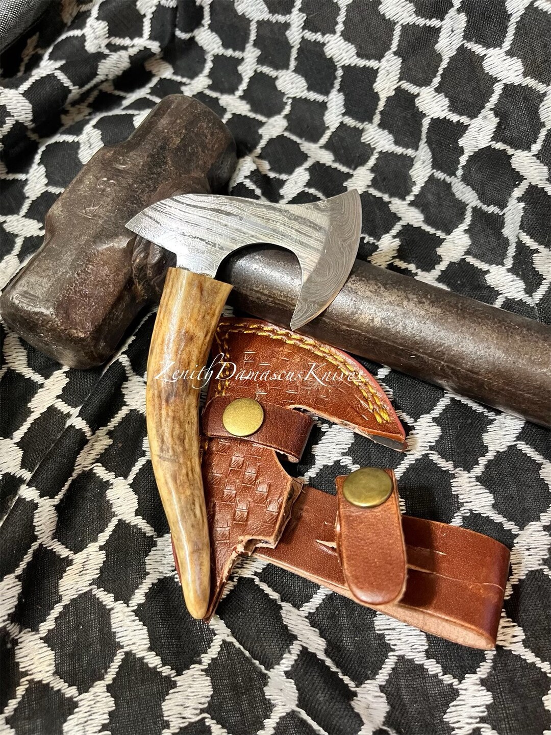 5 INCH Damascus Axe With Stag Antler Handle Damascus Steel Ax Leather ...