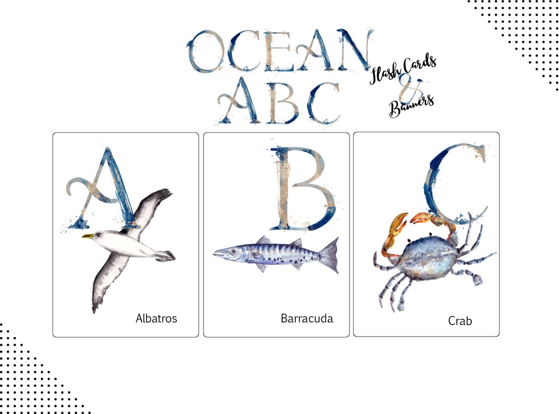 Watercolor Ocean ABC Flashcards Alphabet Banner Charlotte - Etsy