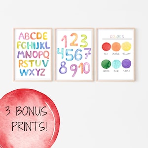 Educational Watercolor Print Set of 6, Alphabet, Colors, Learning Home ...