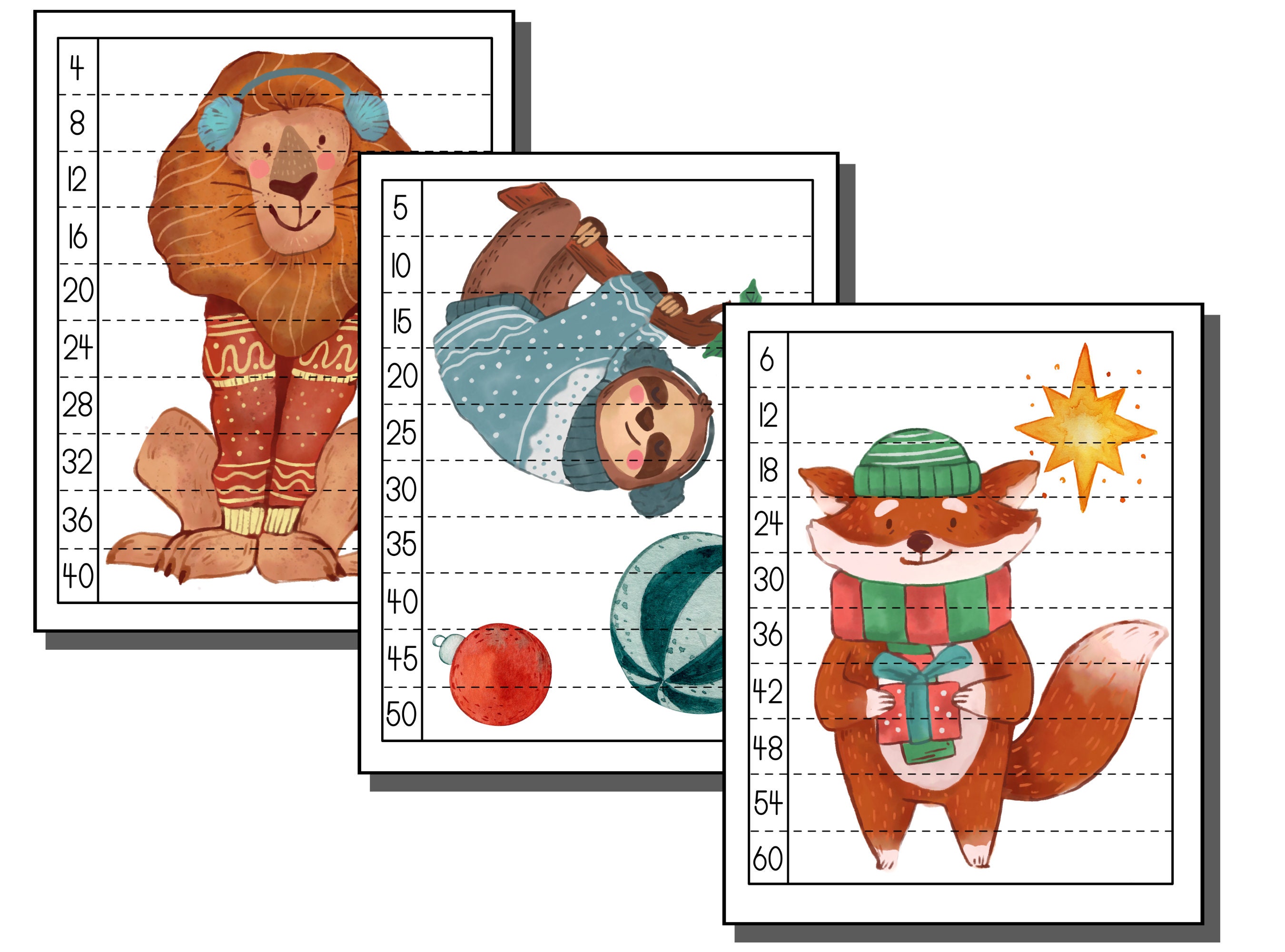 Christmas Skip Counting Puzzles With Watercolor Animals, Montessori Toy ...