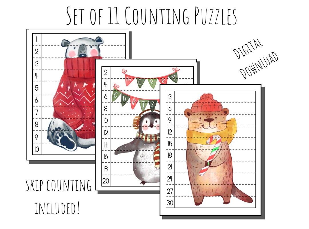 Christmas Skip Counting Puzzles With Watercolor Animals, Montessori Toy ...