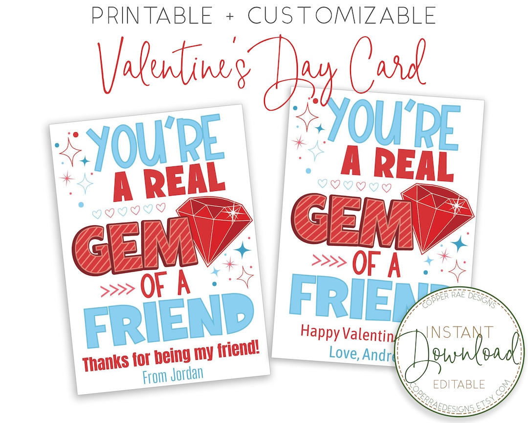 You're a Real Gem of a Friend Valentine, Printable Valentine's ...