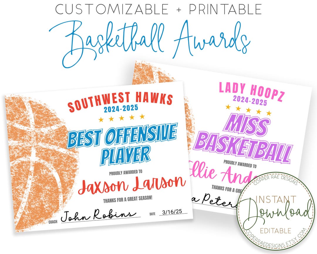 Basketball Award Certificate Editable Basketball Award Printable End of ...