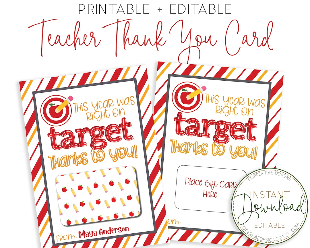 Editable + Printable Thank You Card, Gift Card Holder, Teacher Gift ...