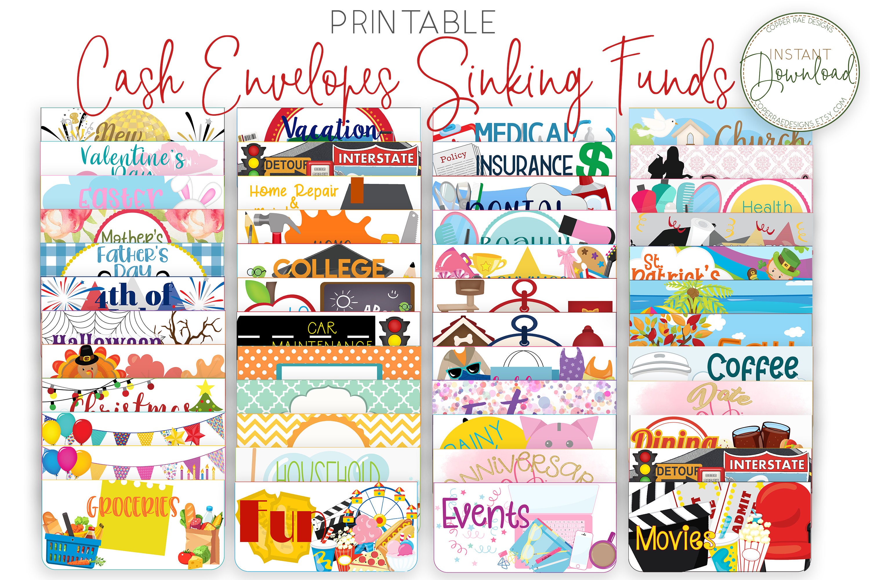 Printable Horizontal Sinking Fund Cash Envelopes, Budget Envelopes, 48 ...