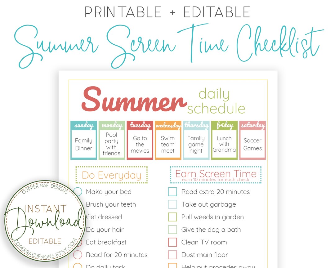 Summer Daily Schedule - Screen Time Rules - Screen Time Checklist ...