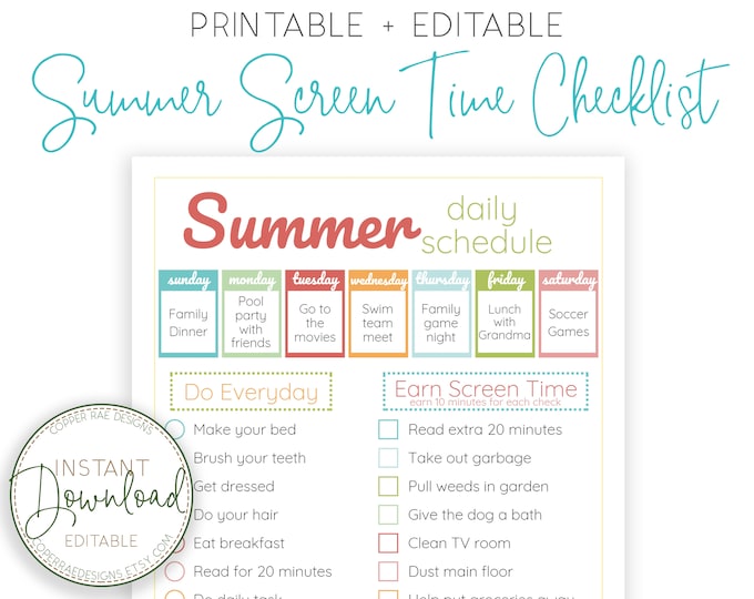 Printable Summer Screen Time Checklist for Kids, Summer Screentime ...