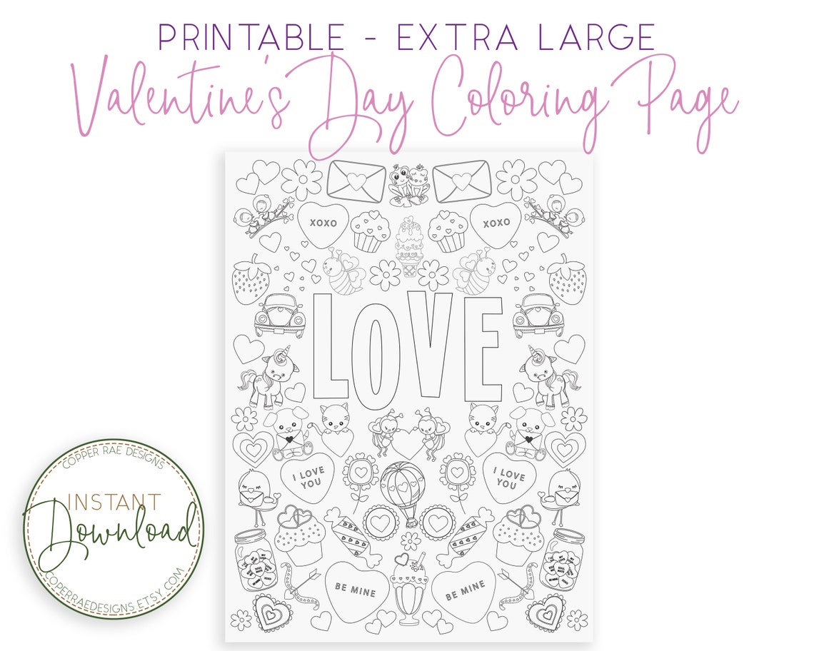 Printable Valentine's Day Coloring Poster Kid's | Etsy
