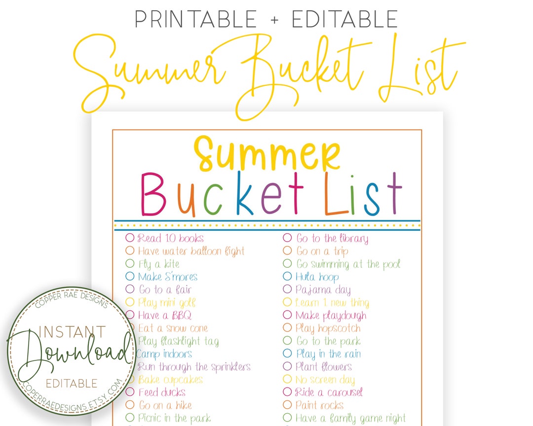 Customizable Summer Bucket List, Summer Activities, Printable Bucket ...