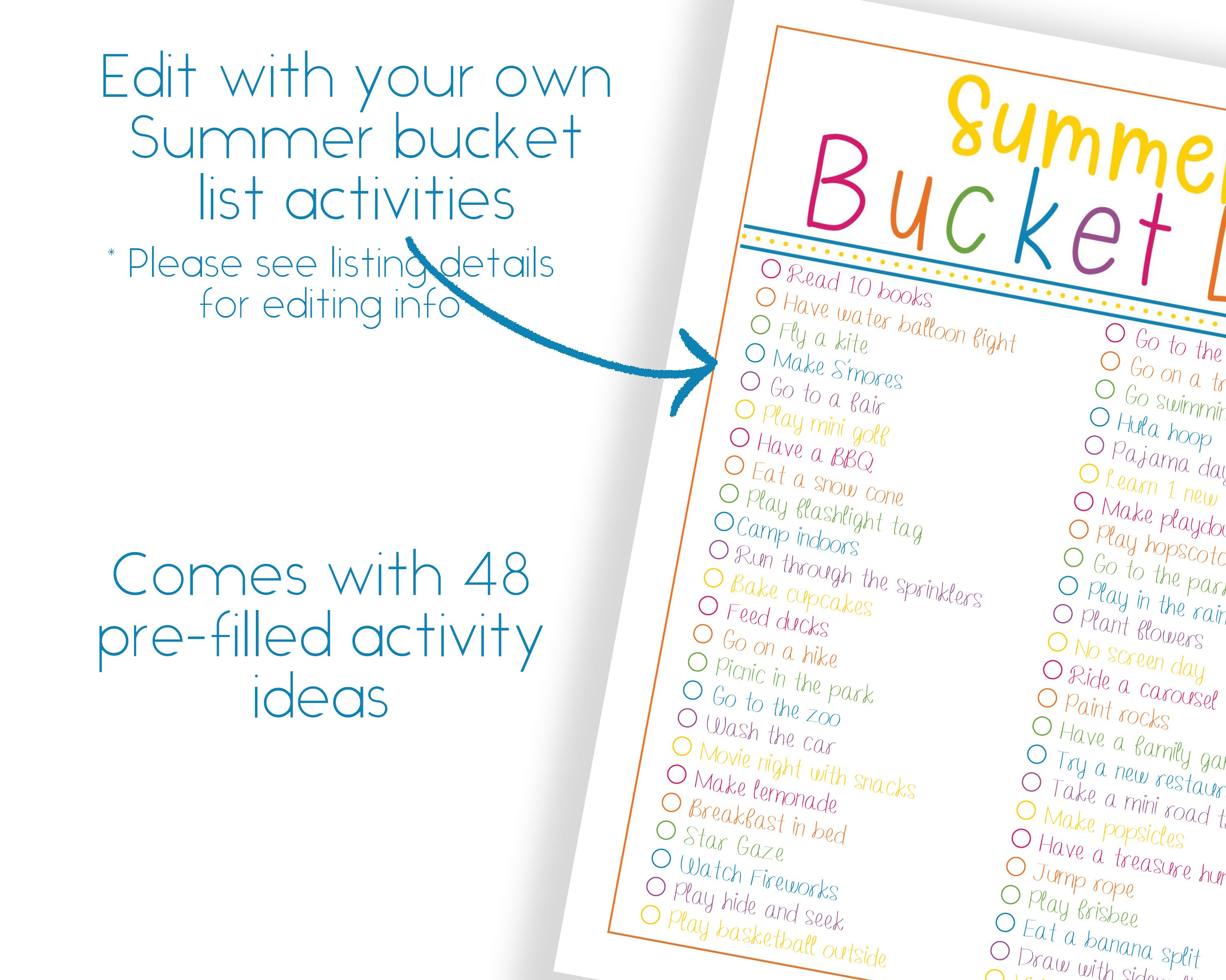 Customizable Summer Bucket List Summer Activities Printable - Etsy