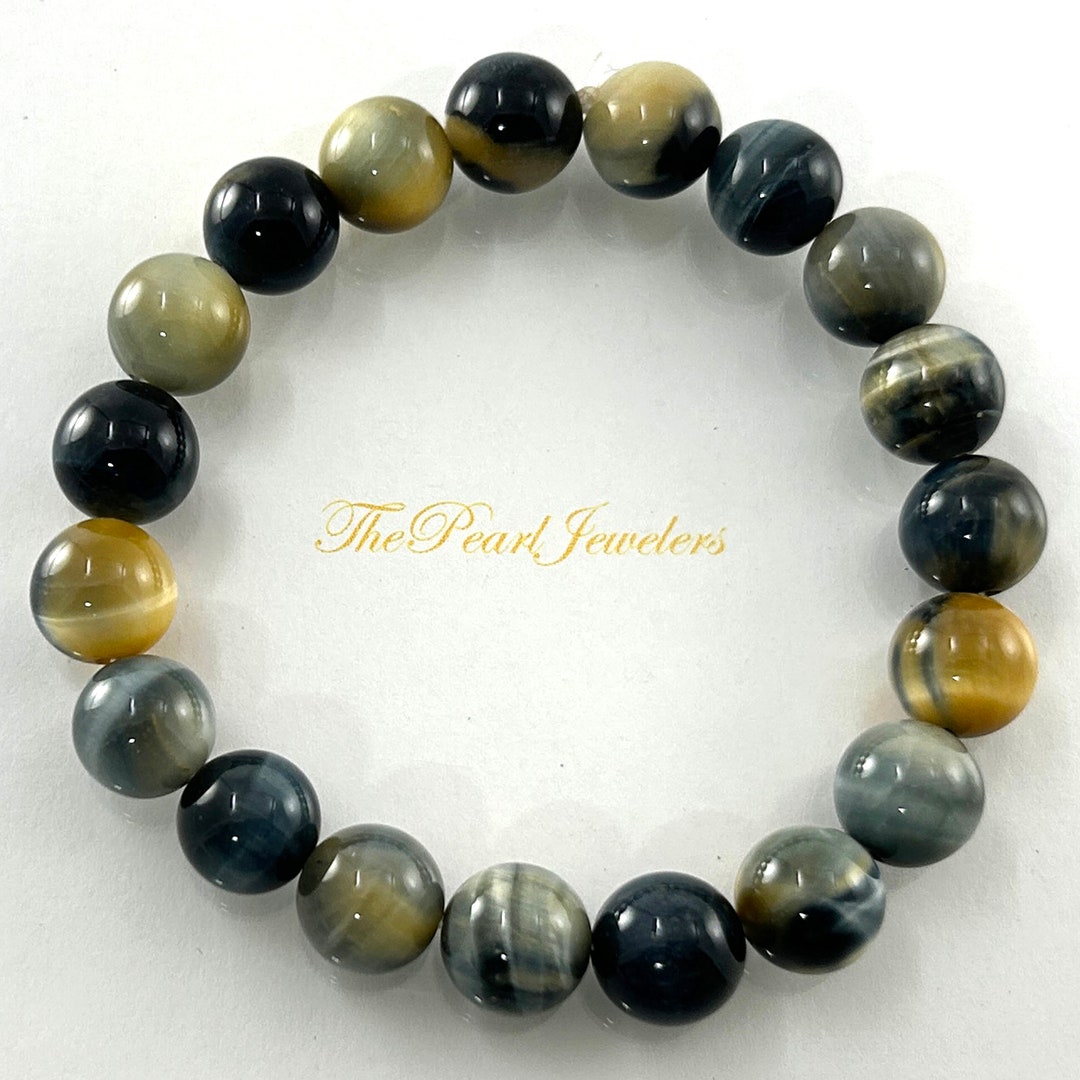 10mm Genuine Golden Blue Tiger Eye Gemstone Stretchy Elastic Bracelet ...