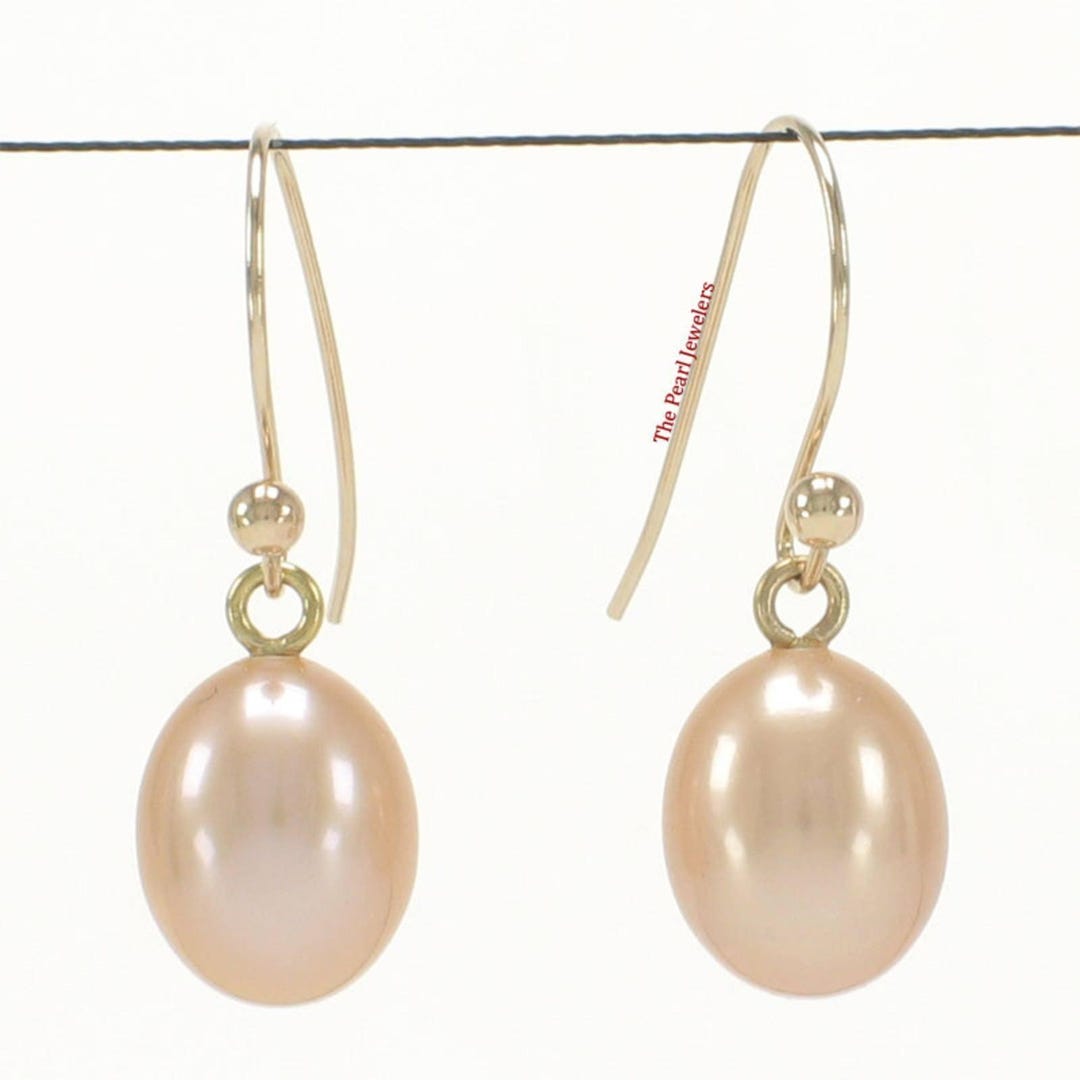 14K Yellow Gold Pink Pearl Fish Hook Dangle Earrings - Etsy