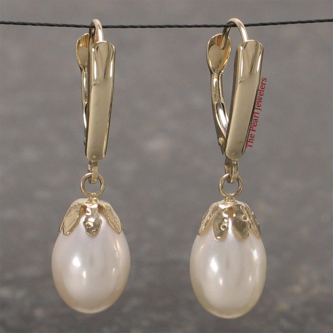14K Yellow Gold Euro Back White Pearl Dangle Earrings - Etsy