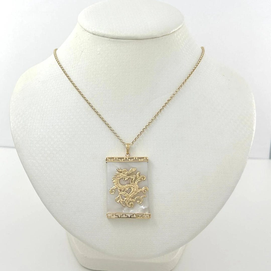 14k Yellow Gold Dragon & Greek Key White Mother of Pearl Pendant - Etsy