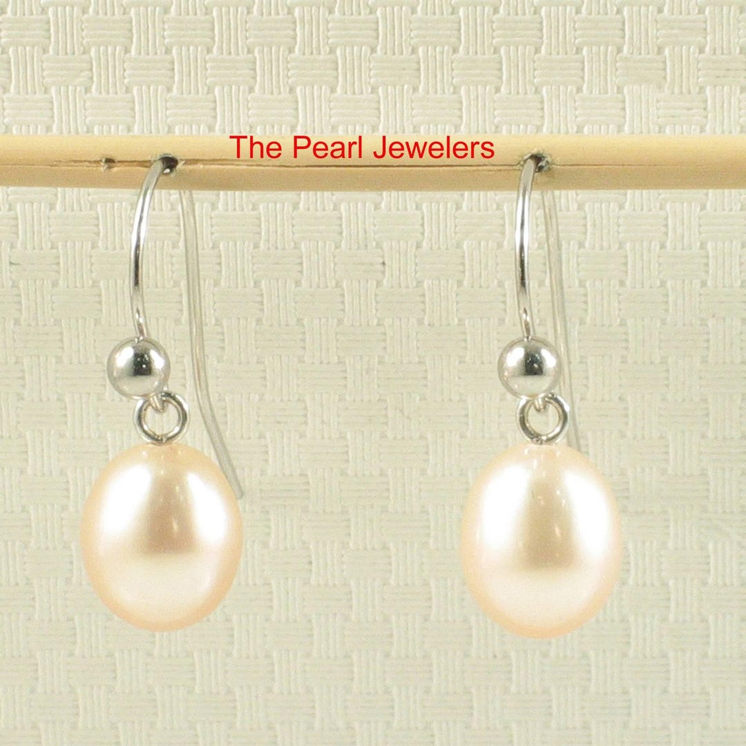 14K White Gold Peach Pearl Fish Hook Dangle Earrings - Etsy