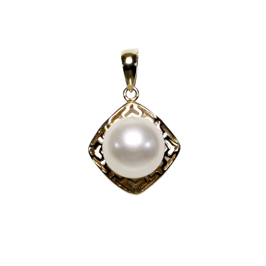 Greek Key White Pearl Pendant - 14k Yellow Gold - Etsy
