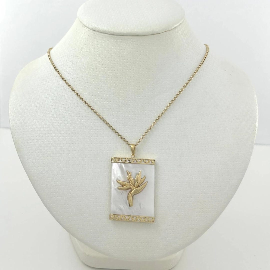 14k Yellow Gold Bird of Paradise & Greek Key White Mother of Pearl ...