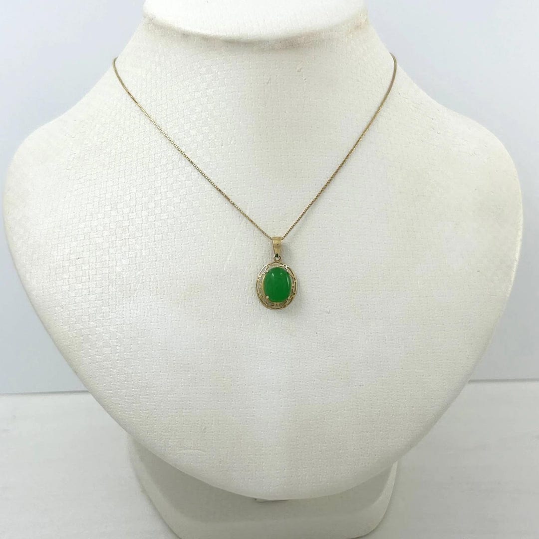 14k Solid Yellow Gold Greek Key Green Jade Cabochon Pendant Necklace - Etsy