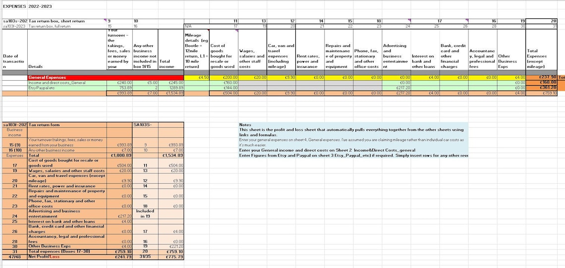 Self-assessment Self-employed Spreadsheet Template New for 2023 - Etsy
