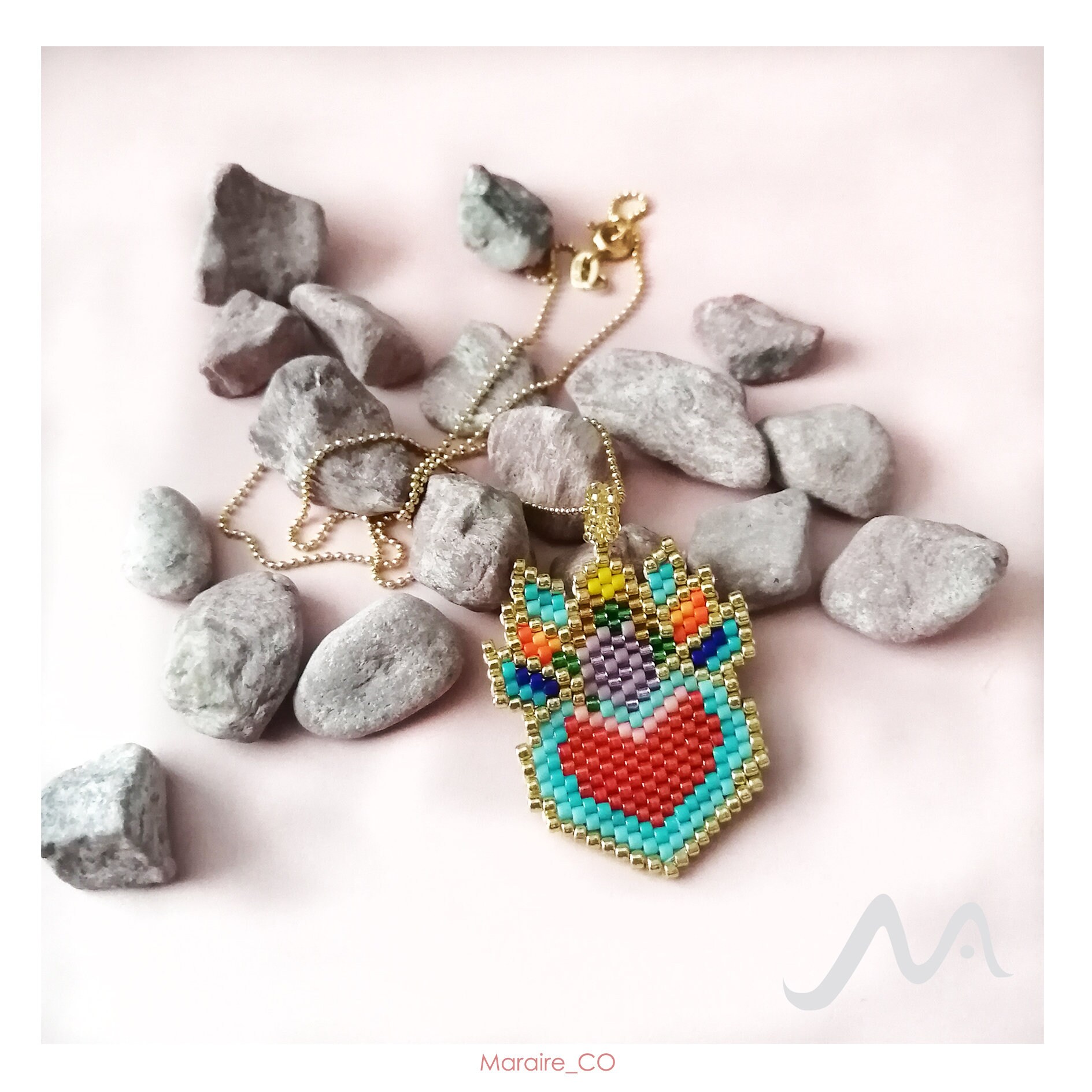 Heart Miyuki Beaded Necklace, Sacred Heart Jesus Charm Pendant, Burning Heart Necklace, Colorful ...