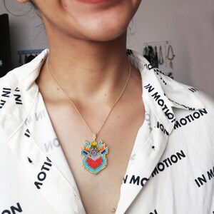 Heart Miyuki Beaded Necklace, Sacred Heart Jesus Charm Pendant, Burning Heart Necklace, Colorful ...