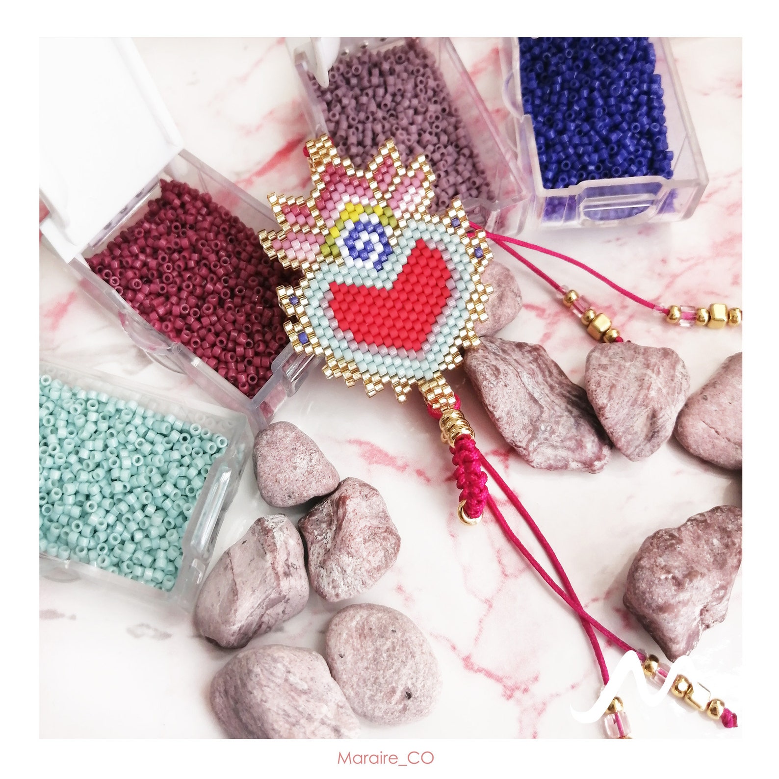 Sacred Heart Jesus Miyuki Beaded Bracelet, Sacred Heart Charm Pendant, Flaming Heart Bracelet ...