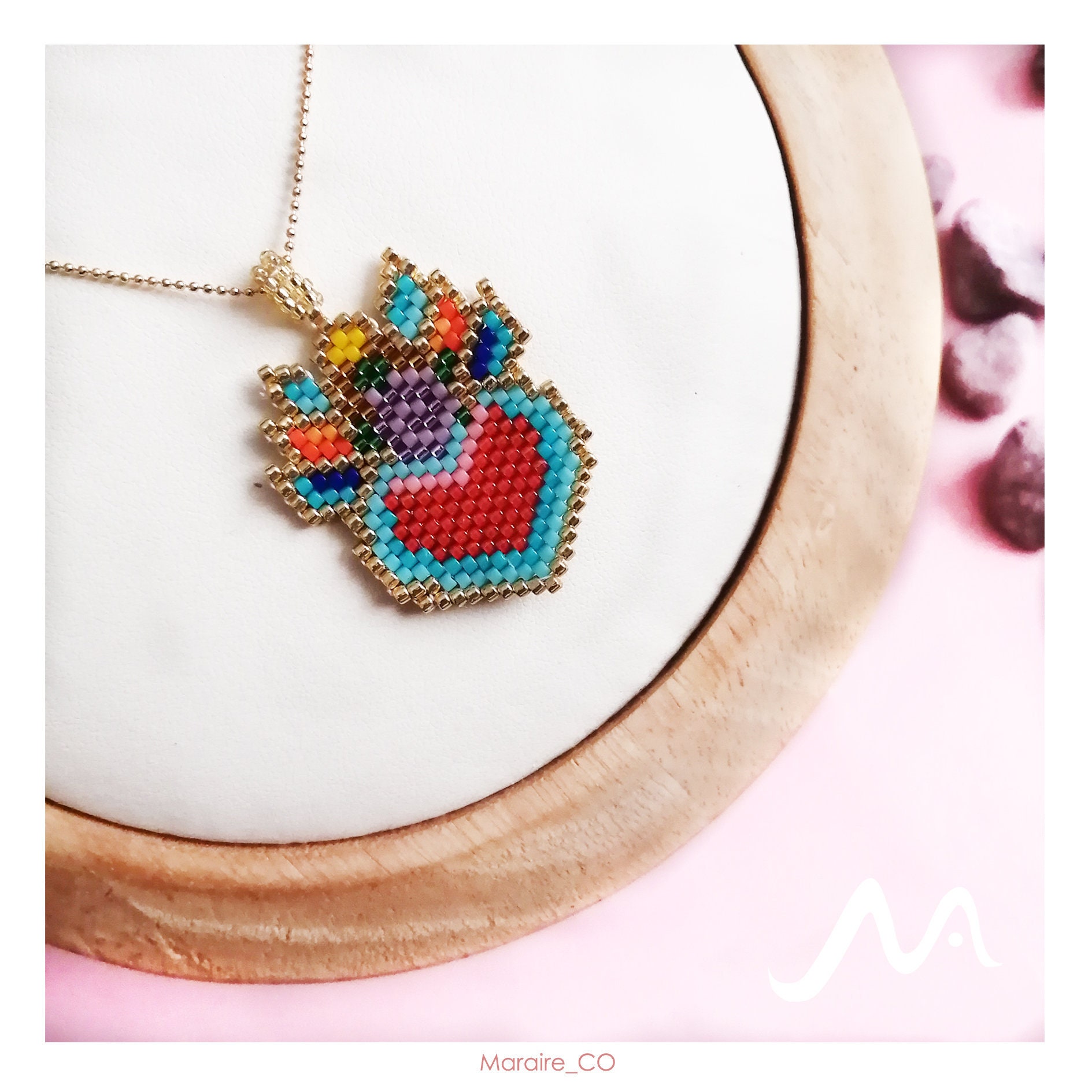 Heart Miyuki Beaded Necklace, Sacred Heart Jesus Charm Pendant, Burning Heart Necklace, Colorful ...