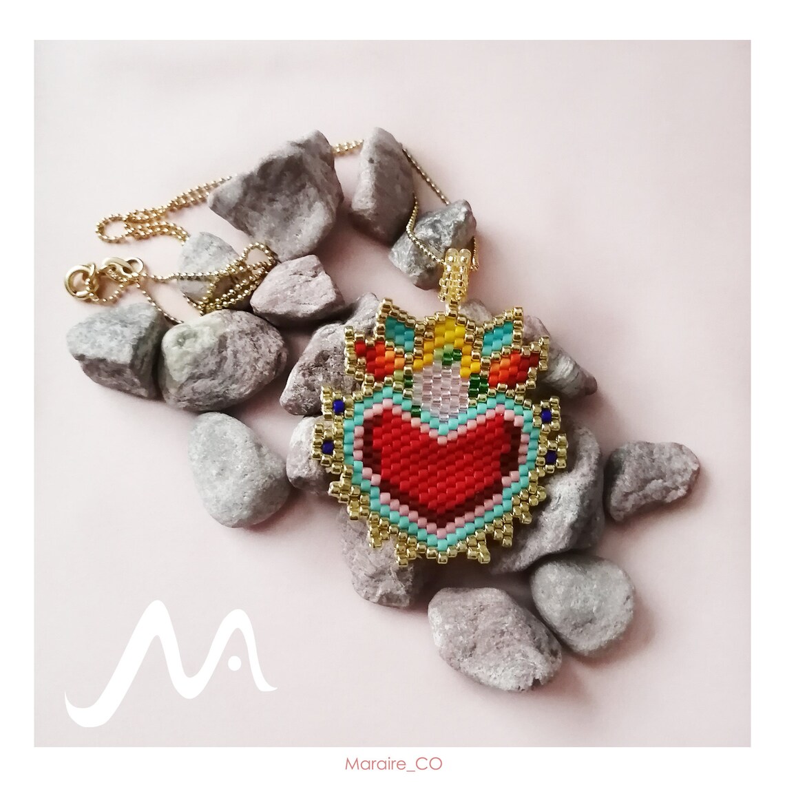 Sacred Heart Jesus Miyuki Beaded Necklace, Sacred Heart Charm Pendant, Flaming Heart Necklace ...