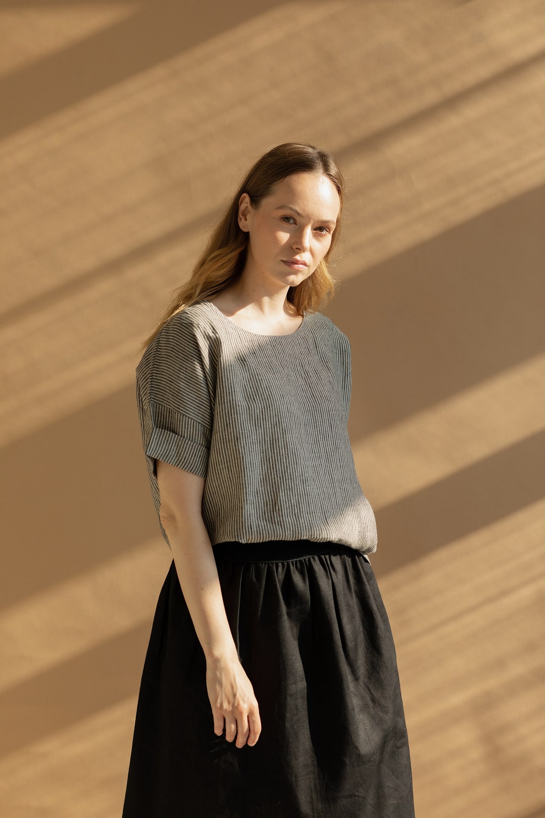 JASMIN Natural Linen Oversize T-shirt Striped Linen Top - Etsy