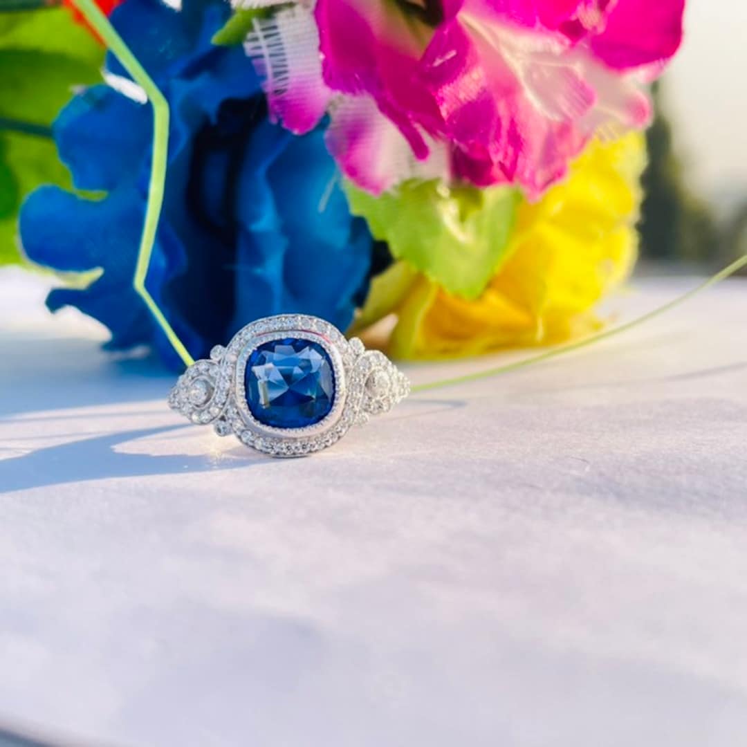 1930s Art Deco Ring, 8 Mm Dark Ceylon Blue Sapphire Cushion Vintage ...