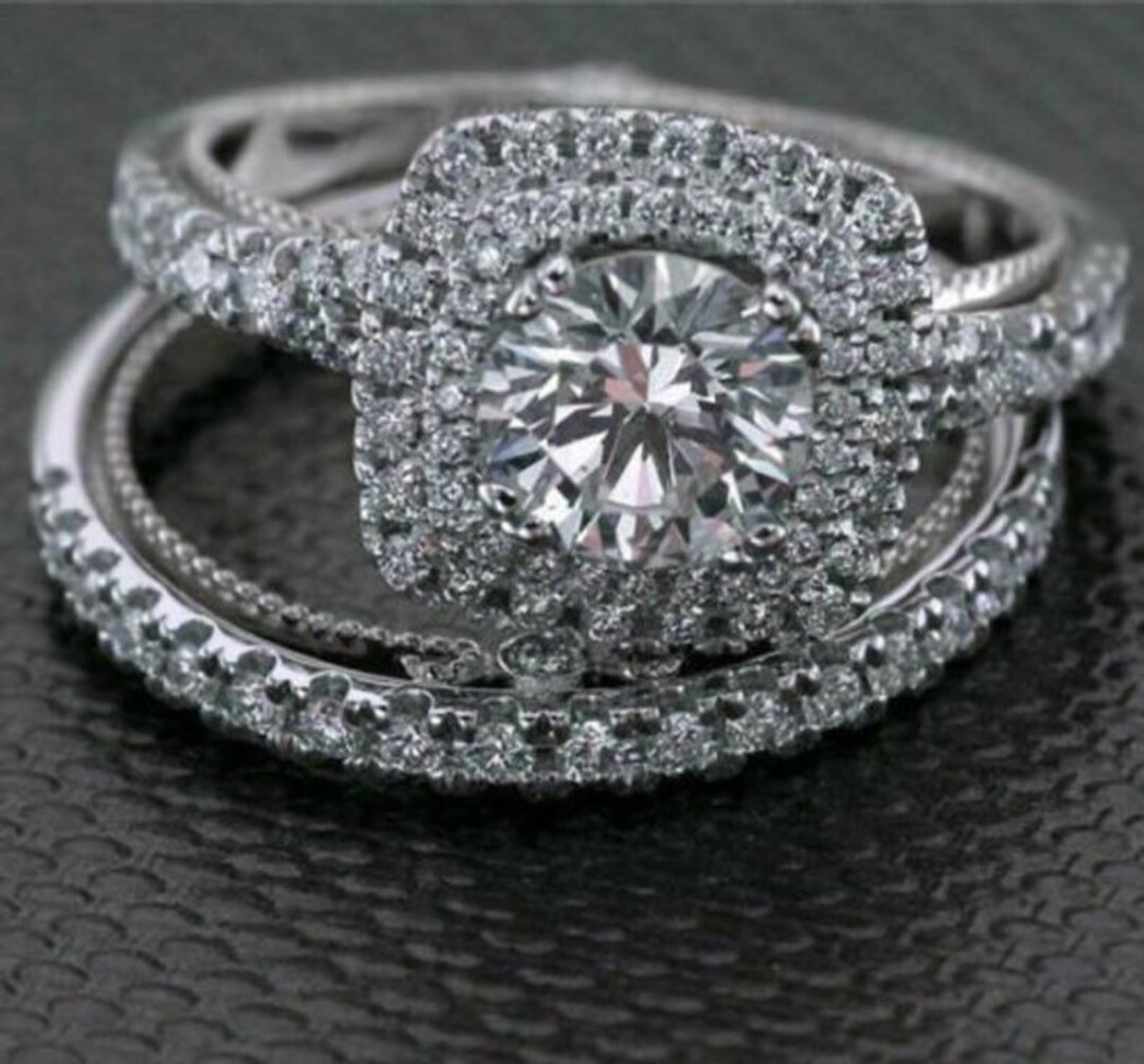 1.8 TCW Runde Diamant Brautsets/ 2STK Ring/Moissanit Doppel Halo Ring Set/Jubiläumsring ...