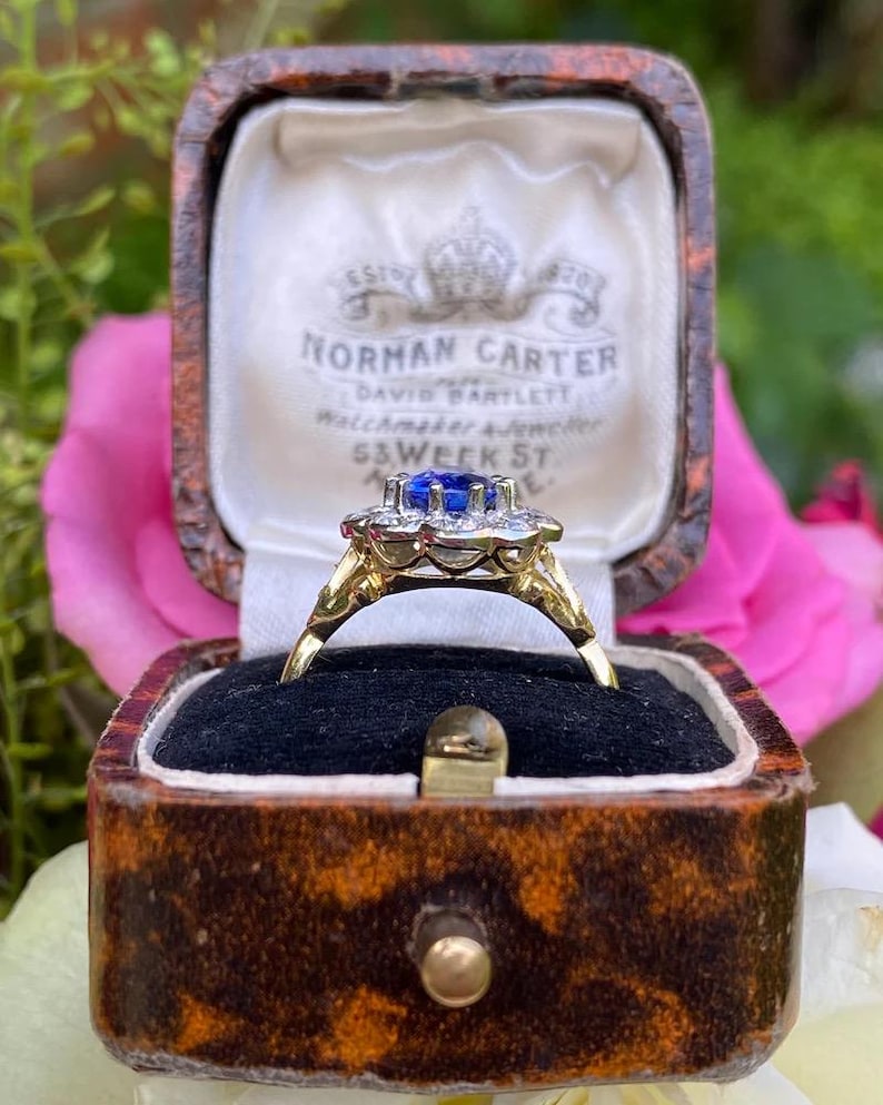 Gorgeous Victorian Style Sapphire and Diamond Cluster Ring Petal Shaped ...
