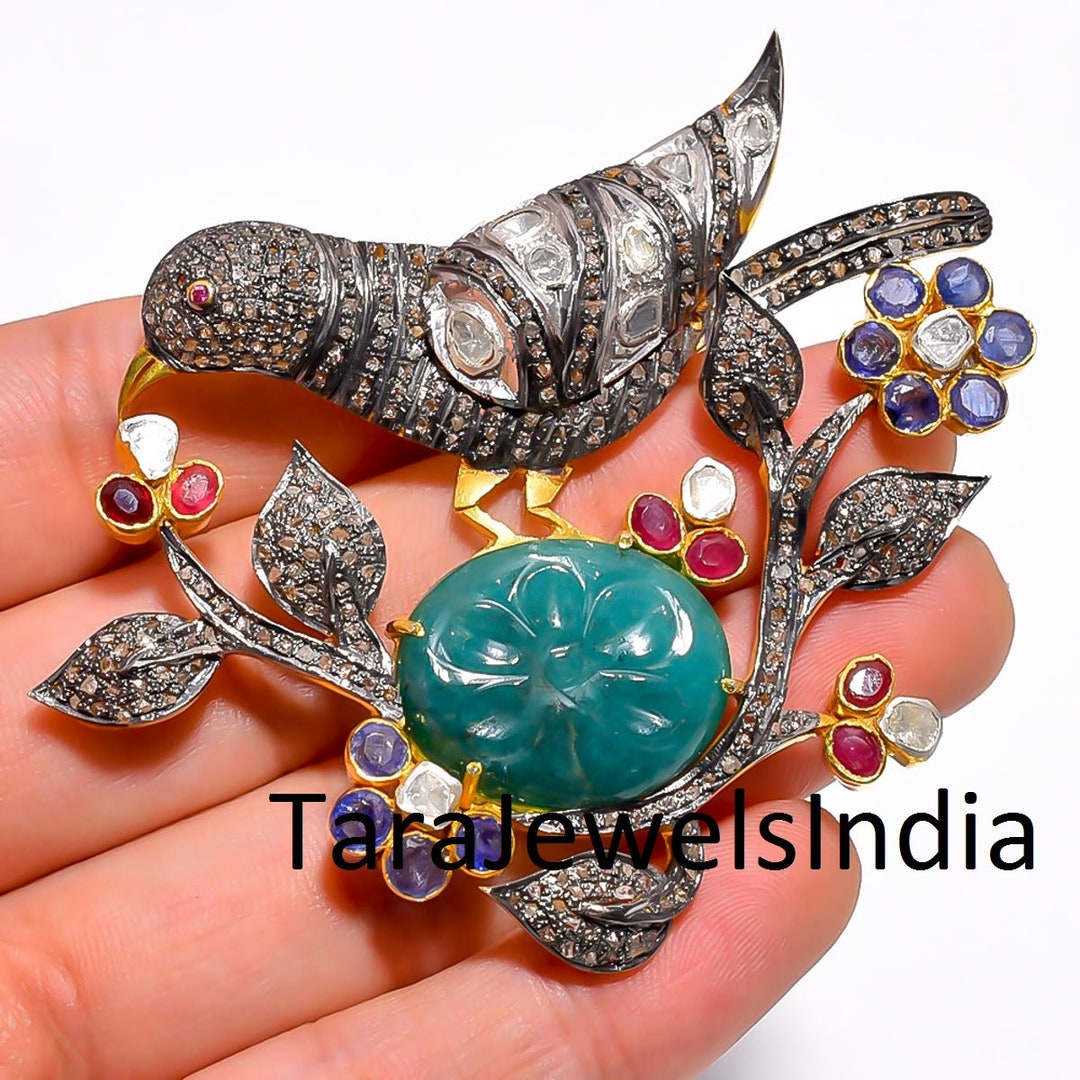 Diamond Brooch Pine, Pigeon Brooch Pine, Rosecut Diamond Polki, 925 ...