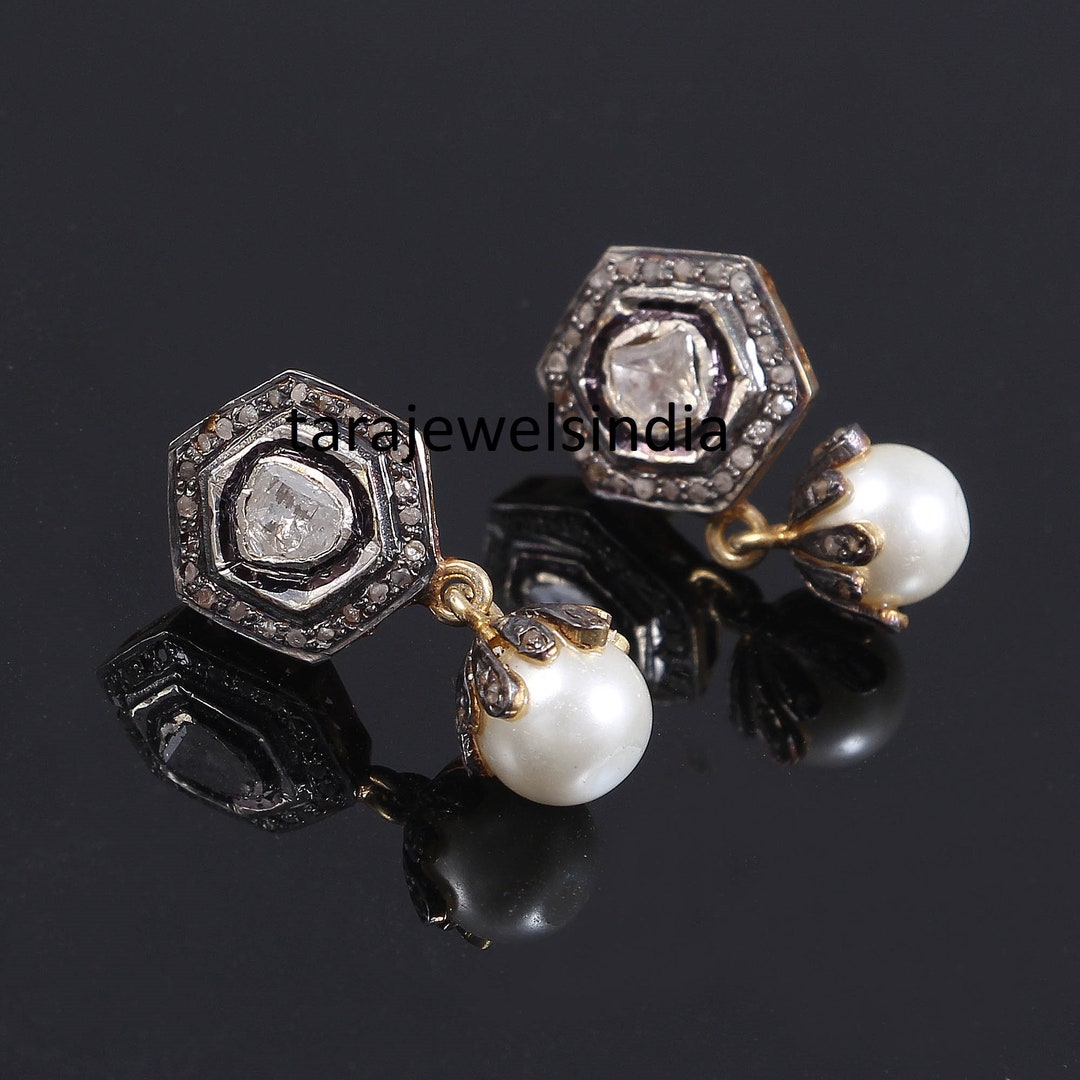 Diamond Polki Tiny Earrings Vintage Small Earrings Handmade Pearl Stud ...